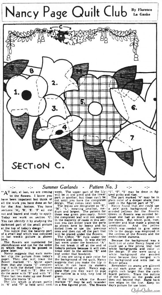 Nancy Page Summer Garlands Quilt, 1936 – Pattern #3 – Q is For Quilter