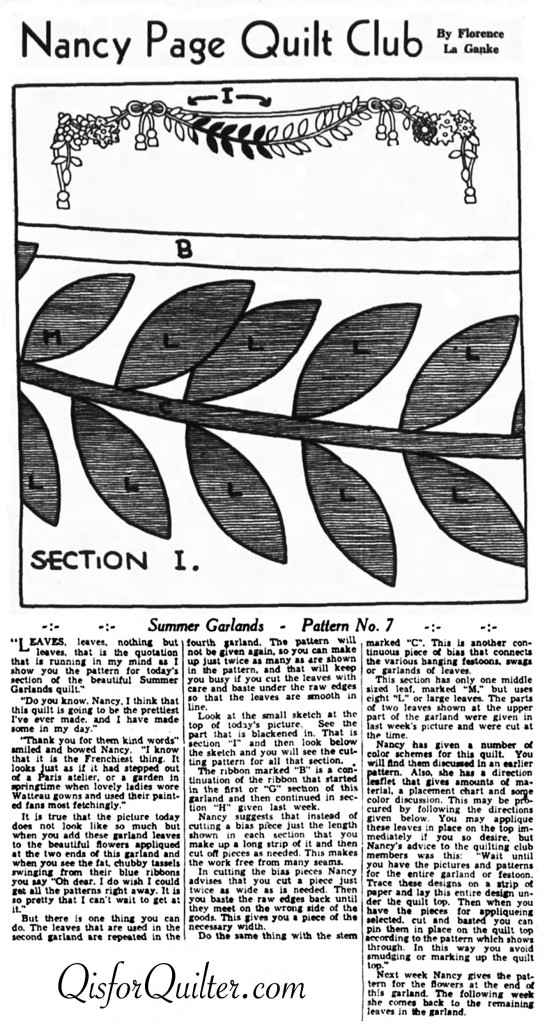 Nancy Page Summer Garlands Quilt, 1936, Pattern #7 – Q is For Quilter